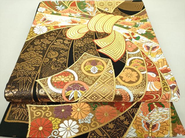 平和屋着物●西陣　河合美術織物謹製　六通柄袋帯　唐織　束ね熨斗舞蝶花鳥文　黒地　金糸　正絹　逸品　DAAS3639ps