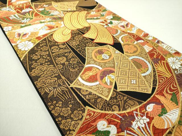 平和屋着物○六通柄袋帯 唐織 舞蝶文 黒地 金糸 正絹 逸品