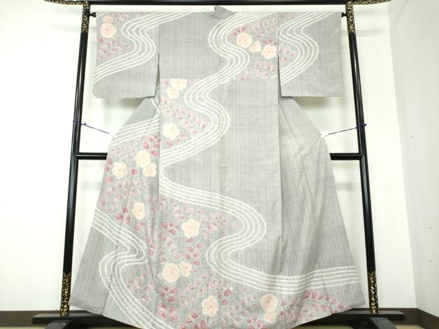 平和屋着物●生紬　訪問着　総絞り　流水花文　正絹　逸品　DAAS3702ps