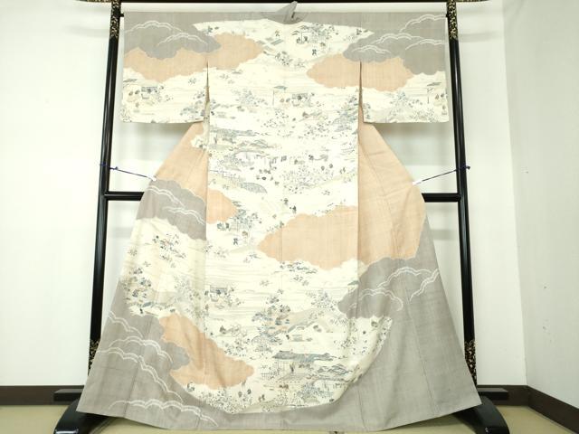 平和屋着物●生紬　訪問着　絞り　雲取り人物風景花文　正絹　逸品　DAAS3765ps