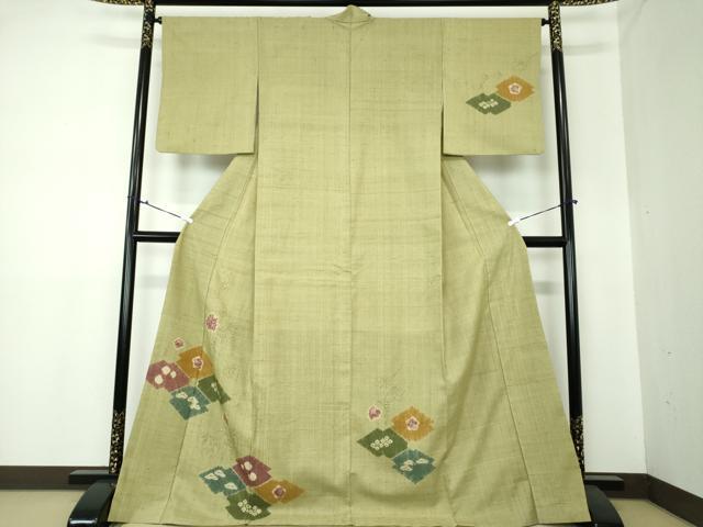 平和屋着物●生紬　訪問着　絞り　手描き　葡萄蔦の葉菱文　正絹　逸品　DAAS3792ps