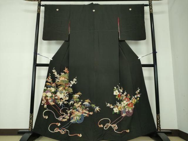 平和屋着物●アンティーク　大正ロマン　黒留袖　駒刺繍　吉祥花車文　金彩　正絹　逸品　DAAS3868ps