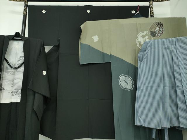 平和屋着物●男性　黒紋付　長羽織・長襦袢(袷)・馬乗袴セット　高島屋扱い　正絹　逸品　DAAS3934ps