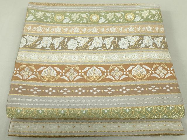 平和屋着物●綴れ　六通柄袋帯　手織　横段花文　金糸　正絹　逸品　DAAT0134ob