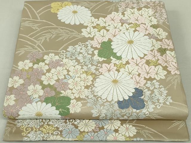 平和屋着物●六通柄袋帯　唐織　緑茶染　草花文　本金箔　正絹　逸品　DAAT0139ob