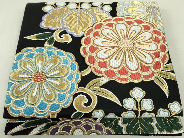 平和屋着物●六通柄袋帯　菊輪五三桐文　黒地　金糸　正絹　逸品　DAAT0143ob