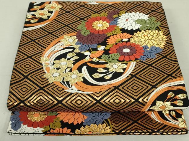 平和屋着物●西陣　河合美術織物謹製　六通柄袋帯　唐織　草花丸文　黒地　金糸　正絹　逸品　DAAT0225ob