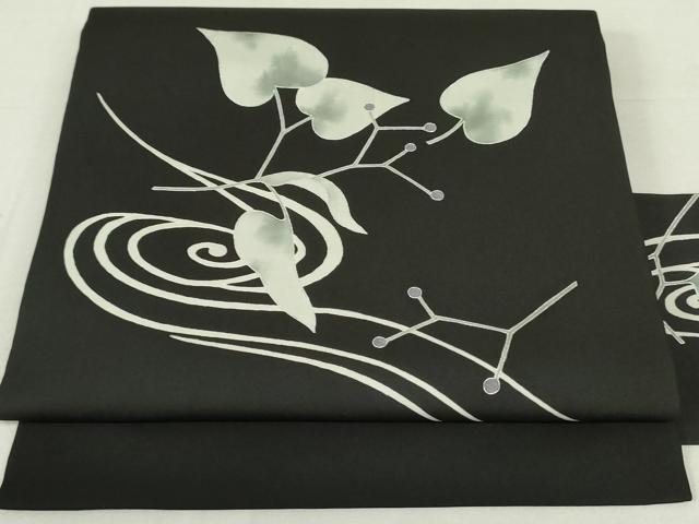 平和屋着物●塩瀬　九寸名古屋帯　駒刺繍　流水枝葉文　黒地　銀彩　正絹　逸品　DAAT0265ob