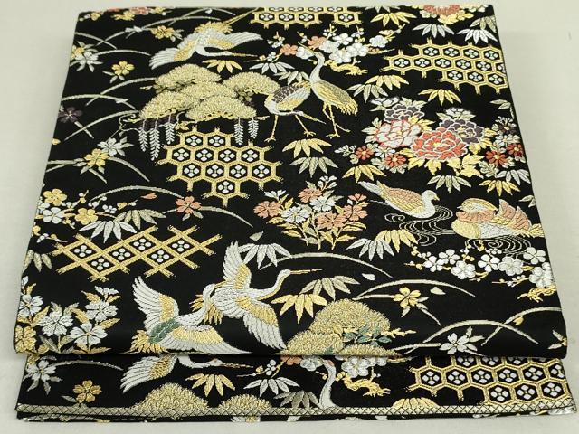 平和屋着物●六通柄袋帯　金色繭　飛鶴草花文　黒地　金糸　正絹　逸品　DAAT0280ob
