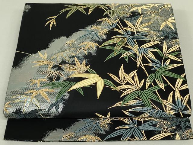平和屋着物●六通柄袋帯　螺鈿　天の川取笹文　黒地　金銀糸　正絹　逸品　DAAT0286ob