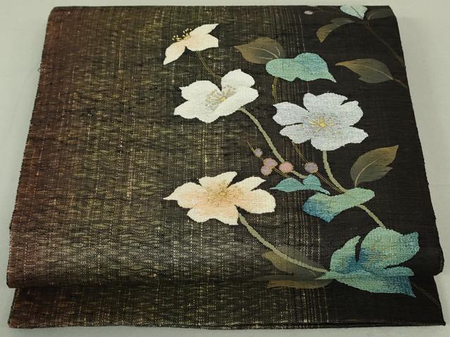 平和屋着物●太鼓柄袋帯　すくい織　草花文　金糸　正絹　逸品　DAAT0296ob