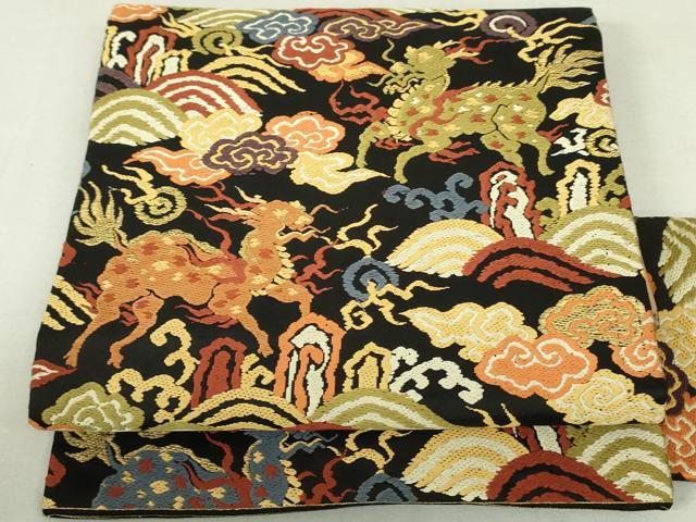 平和屋着物●アンティーク　大正ロマン　九寸名古屋帯　唐織　麒麟　黒地　正絹　逸品　DAAT0321ob