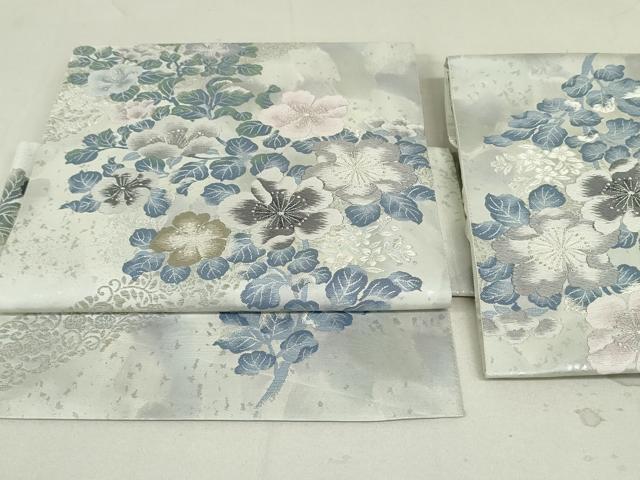 平和屋着物●つけ帯　花苑艶麗図　銀糸　引箔　正絹　逸品　DAAT0362ob