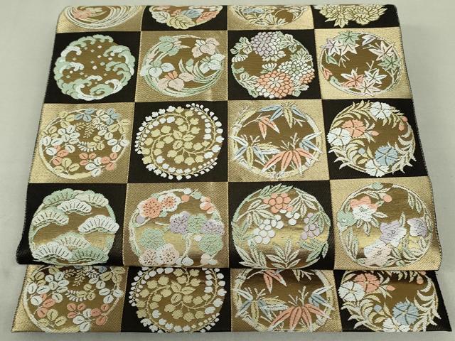 平和屋着物●西陣　服部織物謹製　六通柄袋帯　唐織　市松草花丸文　金糸　鈴乃屋扱い　正絹　逸品　DAAT0374ob