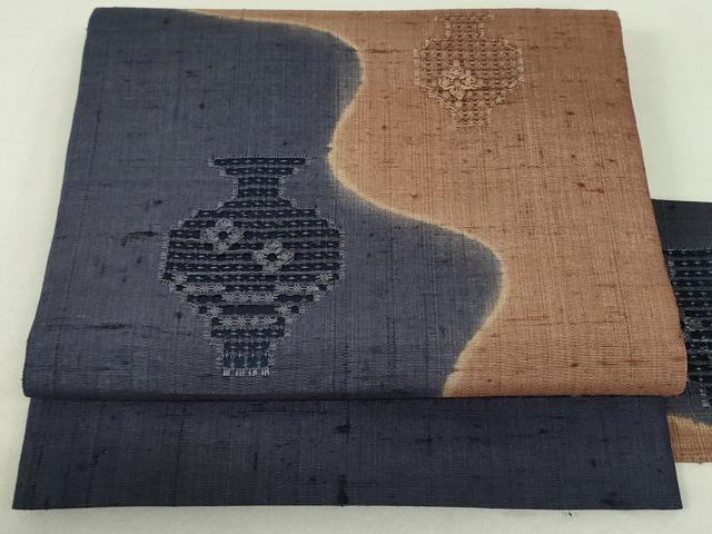 平和屋着物●九寸名古屋帯　生紬　刺繍　陶器文　正絹　逸品　DAAT0392ob