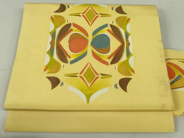 平和屋着物●染織作家　渋紙型　渋谷和子　九寸名古屋帯　抽象文様　玉蜀黍色　鬼しぼ縮緬　正絹　逸品　DAAT0396ob