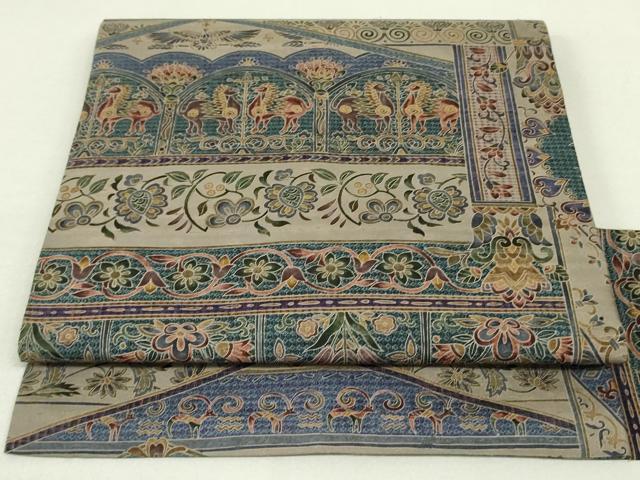 平和屋着物●全通柄九寸名古屋帯　紬地　鳥獣更紗花文　正絹　逸品　DAAT0406ob