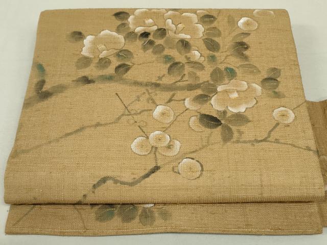 平和屋着物●九寸名古屋帯　作家物　手描き　紬地　枝梅文　金彩　正絹　逸品　DAAT0413ob