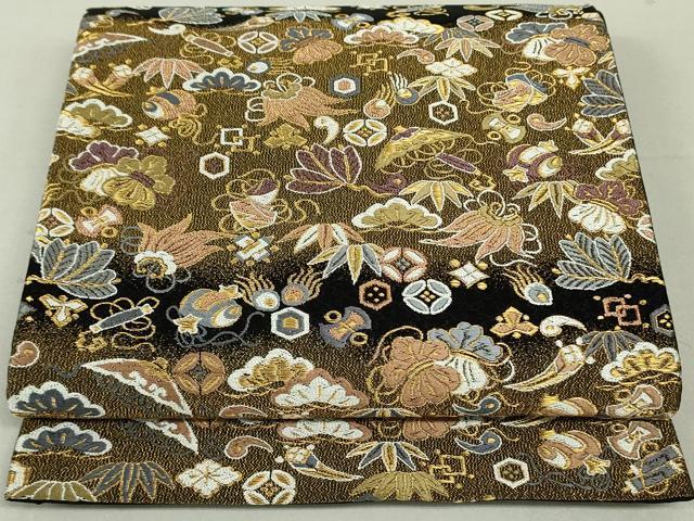 平和屋着物●六通柄袋帯　宝尽くし　黒地　金糸　正絹　逸品　未使用　DAAT0458ob