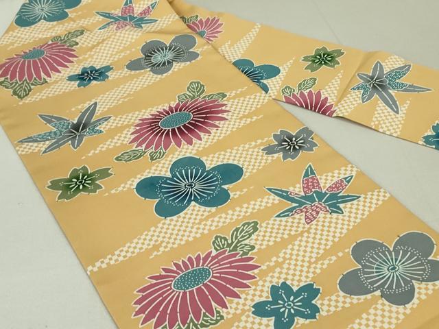 平和屋着物○塩瀬 全通柄九寸名古屋帯 型染 草花文