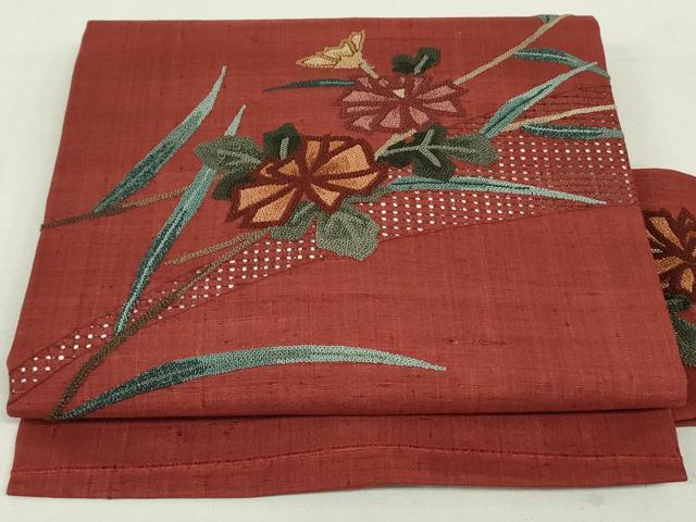 平和屋着物●中国三大刺繍　スワトウ刺繍　汕頭刺繍　相良刺繍　総刺繍　九寸名古屋帯　紬地　草花文　正絹　逸品　DAAT0496ob