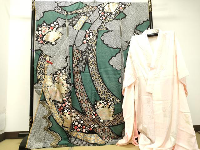 平和屋着物●豪華振袖・長襦袢セット（無双仕立て）　絞り　鳳凰扇面草花文　金銀彩　正絹　逸品　DAAT1085tw