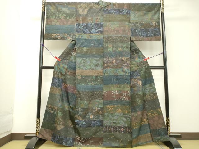 平和屋着物●小千谷紬　百柄　横段花文　正絹　逸品　DAAT1108tw