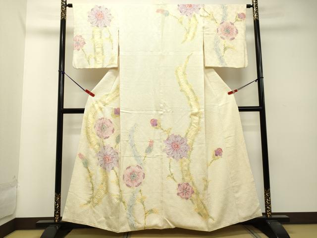 平和屋着物○本場結城紬 重要無形文化財 100亀甲 飛び亀甲 万寿菊