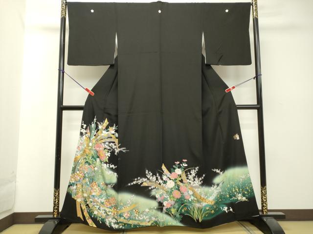 平和屋着物●豪華黒留袖　作家物　駒刺繍　束ね熨斗草花文　暈し染め　金彩　正絹　逸品　DAAT1360tw