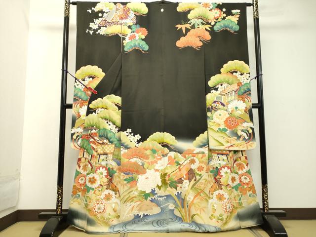 平和屋着物●アンティーク　大正ロマン　振袖　駒刺繍　立波御所車草花松文　黒地　金彩　正絹　逸品　DAAT1413tw