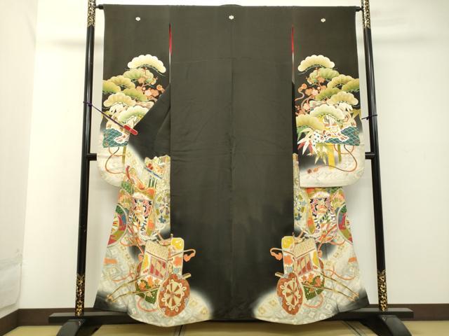 平和屋着物●アンティーク　大正ロマン　振袖　両褄　駒刺繍　御所車文　暈し染め　金彩　正絹　逸品　DAAT1415tw