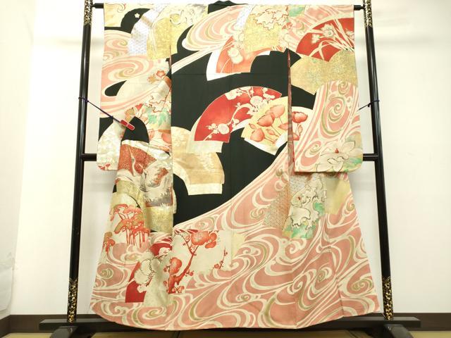 平和屋着物●アンティーク　大正ロマン　小振袖　流水地紙飛鶴花文　黒地　金彩　正絹　逸品　DAAT1420tw