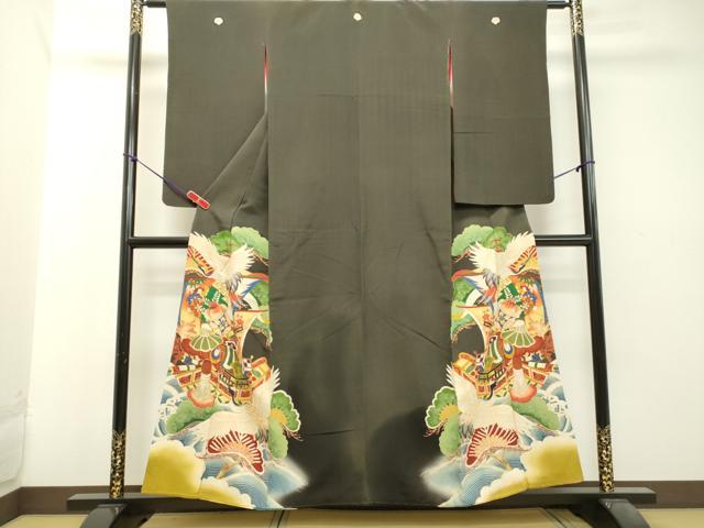 平和屋着物●アンティーク　大正ロマン　黒留袖　散歩着　駒刺繍　立波飛鶴松文　金彩　正絹　逸品　DAAT1422tw