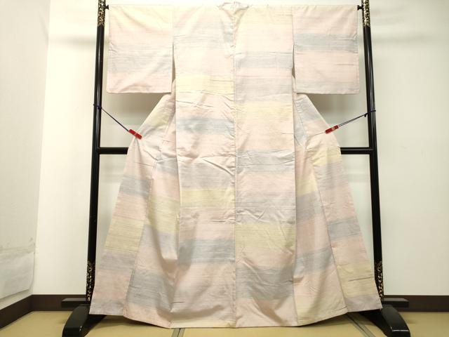 平和屋着物●紅花紬　米沢　横段文　ロング丈　正絹　逸品　AAAZ7572zg 平和屋着物○紅花紬 米沢 横段文 ロング丈 正絹 逸品 AAAZ7572zg