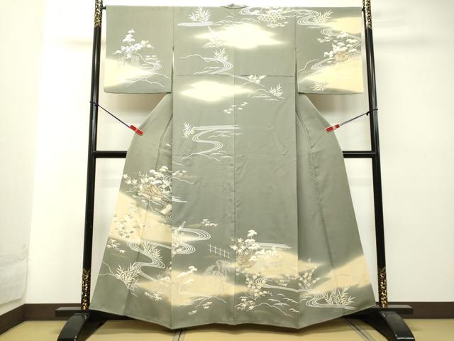 平和屋着物●訪問着　駒刺繍　流水風景草花文　暈し染め　金彩　正絹　逸品　DAAT1482tw