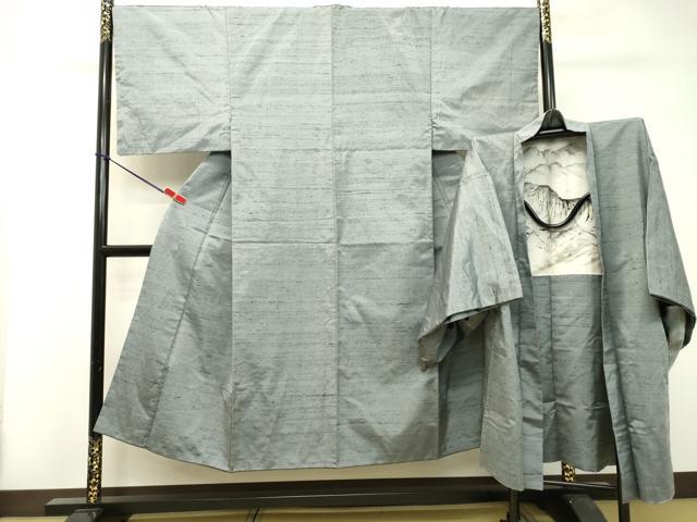 平和屋着物●男性　紬　アンサンブル　灰青色　正絹　逸品　DAAT1496tw