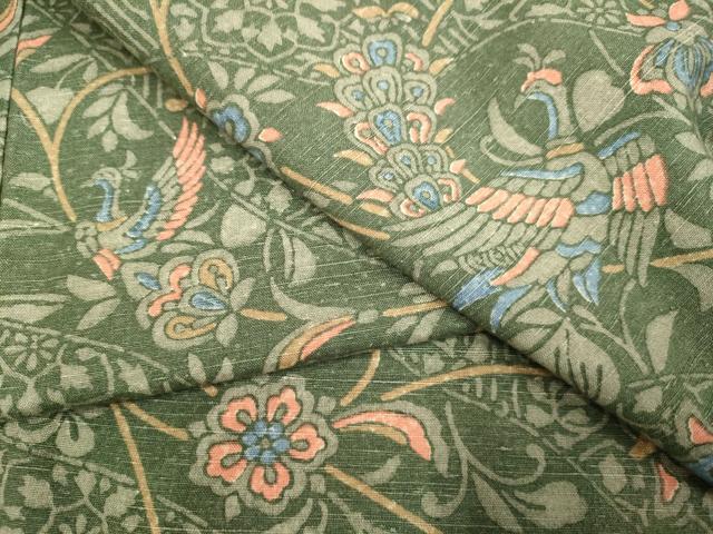 平和屋着物▽上質な小紋　単衣　紬地　更紗花鳥文　正絹　逸品　DAAT4432du