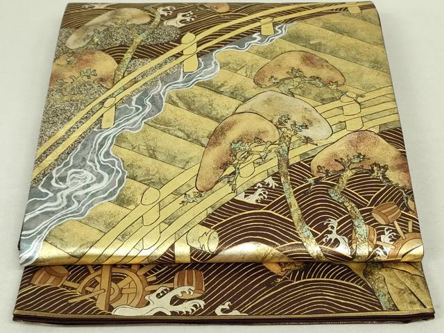 平和屋着物●太鼓柄袋帯　渡橋立波松文　金彩　正絹　逸品　DAAT7529ob