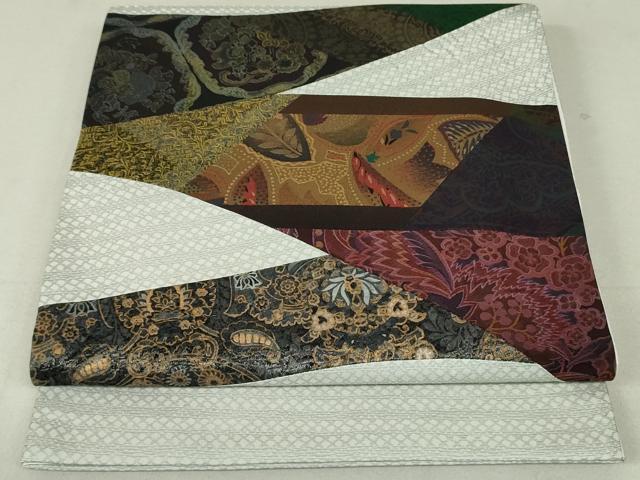 平和屋着物●太鼓柄袋帯　切嵌更紗花横段文　銀糸　正絹　逸品　DAAT7656ob