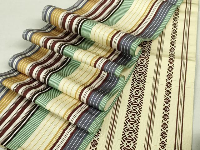 平和屋着物●本場筑前博多織　両面　半幅帯　献上　間道　正絹　逸品　未使用　DAAT7665ob