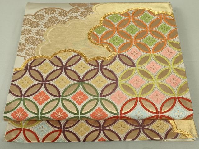 平和屋着物●西陣　河合美術織物謹製　六通柄袋帯　雲取り七宝花文　金糸　正絹　逸品　DAAT7673ob