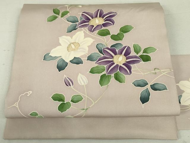 平和屋着物●塩瀬　九寸名古屋帯　手描き　草花文　正絹　逸品　DAAT7694ob