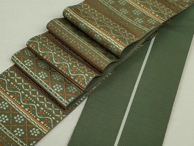 平和屋着物●本場筑前博多織　男性　両面　角帯　幾何学花文　正絹　逸品　DAAT7722ob