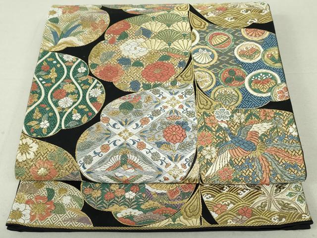 平和屋着物●六通柄袋帯　唐織　明繍豊彩文　黒地　金糸　正絹　逸品　DAAT7766ob