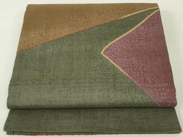 平和屋着物●中国三大刺繍　相良刺繍　総刺繍　太鼓柄袋帯　紬地　抽象文様　正絹　逸品　DAAT7768ob