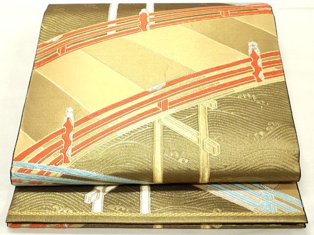 平和屋着物●西陣　紫紘謹製　山口伊太郎　六通柄袋帯　唐織　流水渡橋文　金銀糸　正絹　逸品　DAAT7868ob