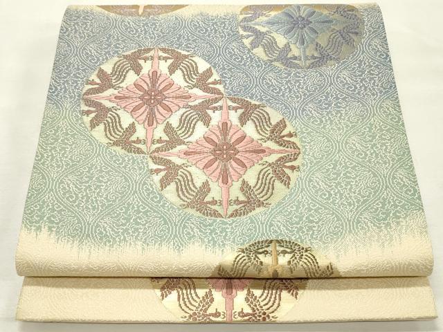 平和屋着物●伝統工芸士　小長谷喜八郎　六通柄袋帯　唐織　翔美　七宝花鳥文　金糸　正絹　逸品　DAAT7874ob