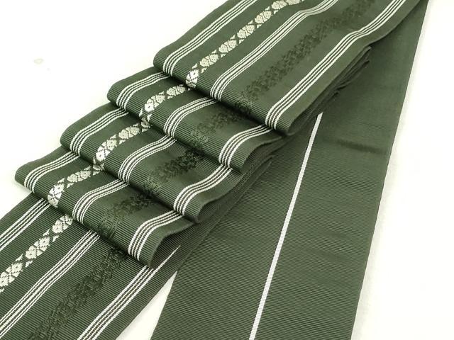 平和屋着物●本場筑前博多織　男性　両面　角帯　献上　間道　藍海松茶色　正絹　逸品　DAAT7908ob