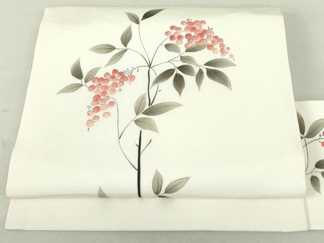 平和屋着物●塩瀬　九寸名古屋帯　手描き　南天文　金彩　正絹　逸品　DAAT7929ob