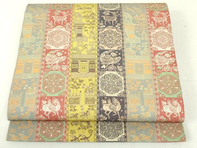 平和屋着物●龍村美術織物　全通柄　九寸開き名古屋帯　紅牙瑞錦　金糸　正絹　逸品　DAAT7931ob